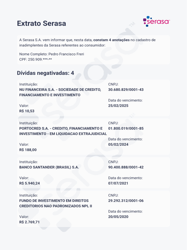 Extrato de Inadimplência de Pedro Freri | PDF | Cheque (banco) | Crédito