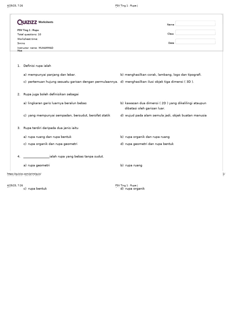 PSV Ting 1 _ Rupa _ Quizizz | PDF