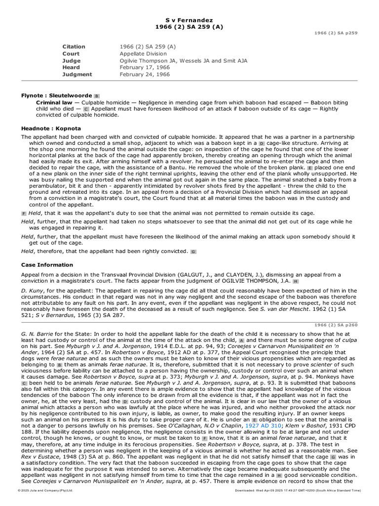 Culpable Homicide in S v Fernandez Case | PDF | Common Law | Justice
