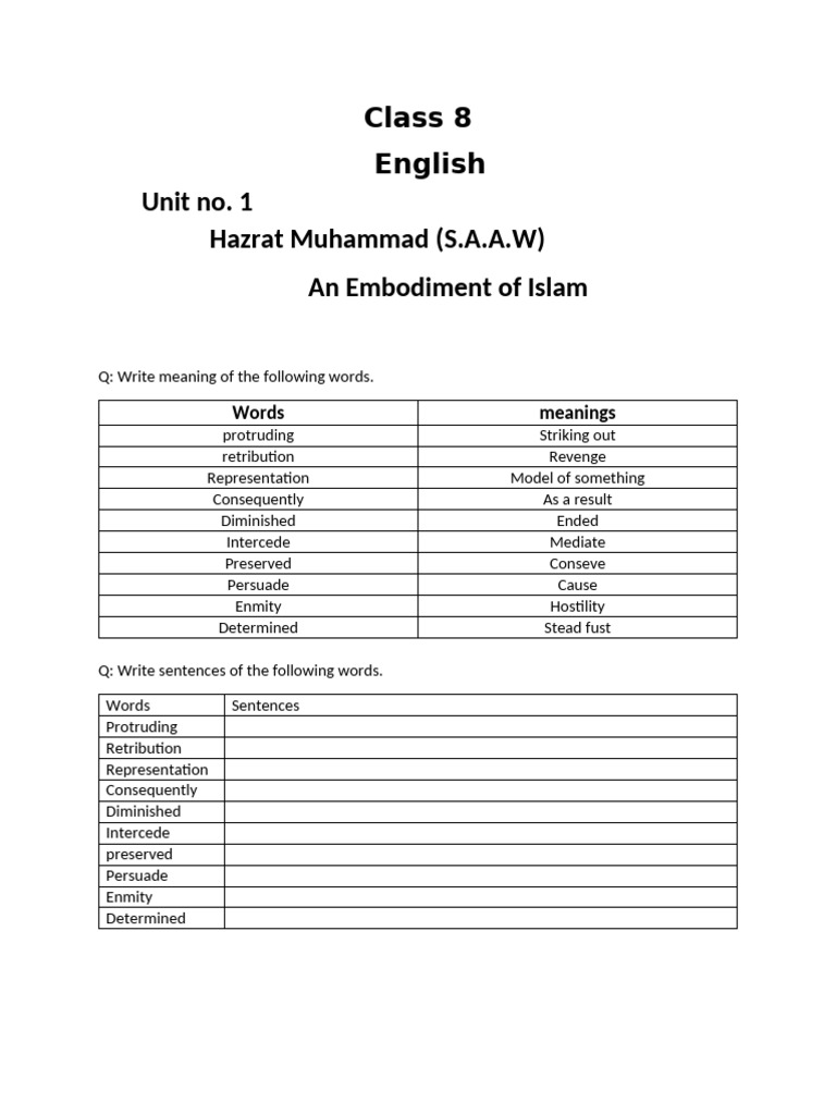 Class 8 English Words Meaning Sentences | PDF