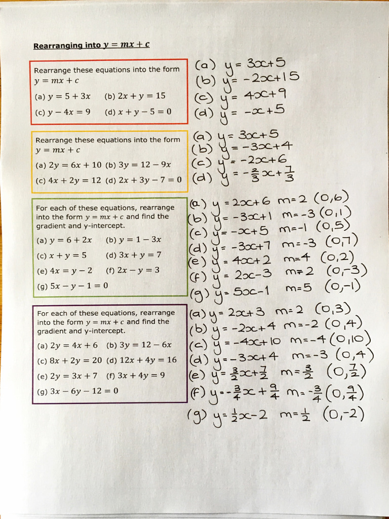 SHOULD Rearranging Equations of Straight Lines Practice Strips Answers ...