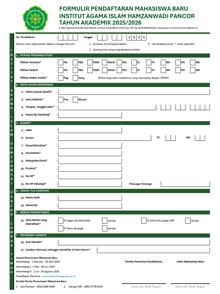 Formulir PMB IAIH Pancor 2025 | PDF