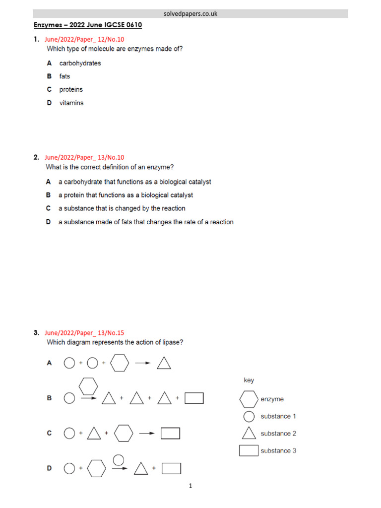 2022J Enzymes IGCSE 0610 Stru | PDF