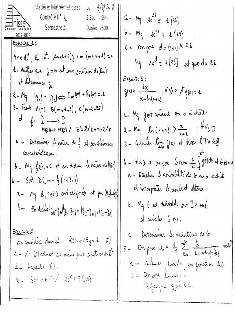 Devoir 1 Modele 2 Mathematiques 2 Bac SM Semestre 2 | PDF
