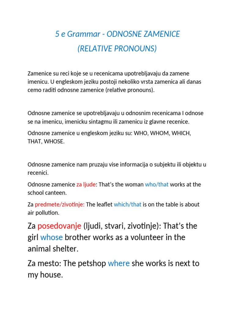 ODNOSNE ZAMENICE Relative Pronouns - Docx 6.razred | PDF