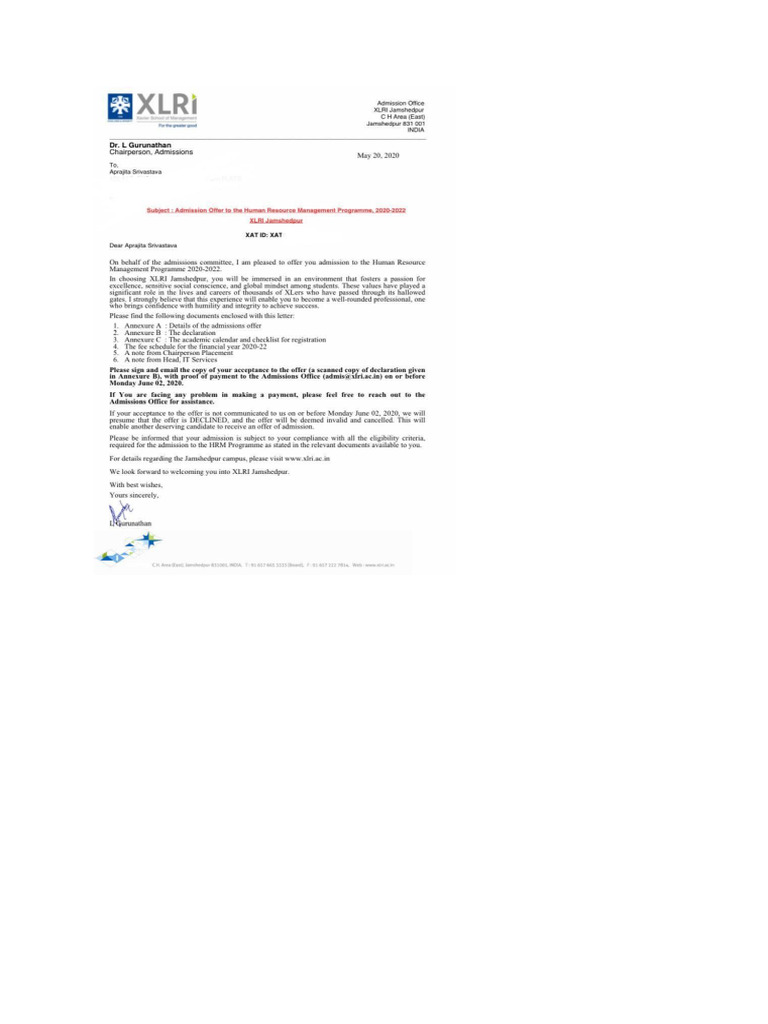 XLRI Admission Letter Censored - JPG | PDF