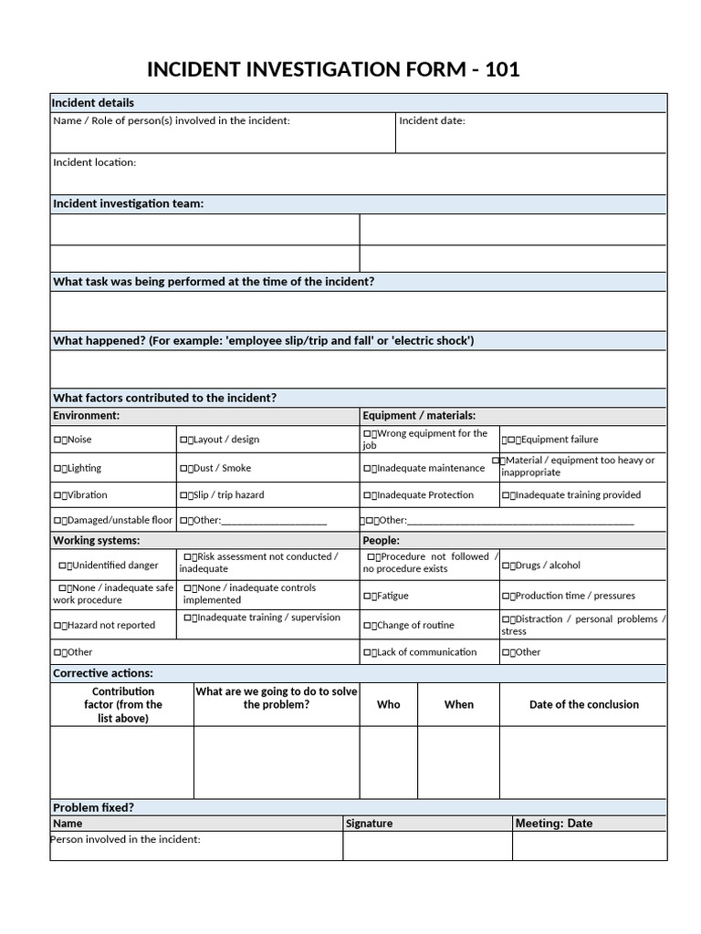 Annex 13 INCIDENT INVESTIGATION FORM - 101 | PDF | Hazards | Safety