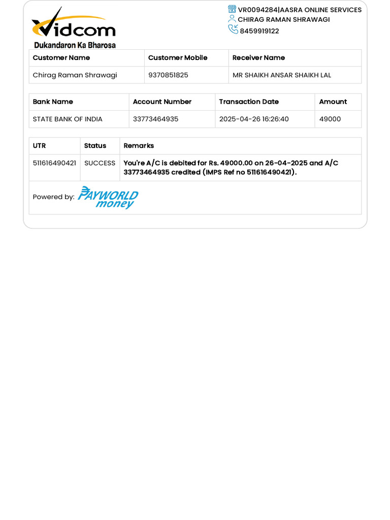 VIDCOM Business Solutions PVT LTD - PPI Wallet Receipt | PDF