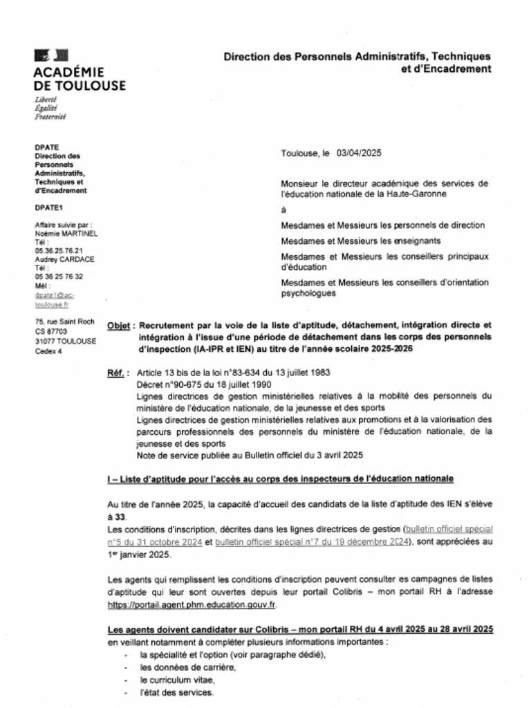 Circulaire Départementale Liste D'aptitude Détachement Intégration PINS 2025 | PDF
