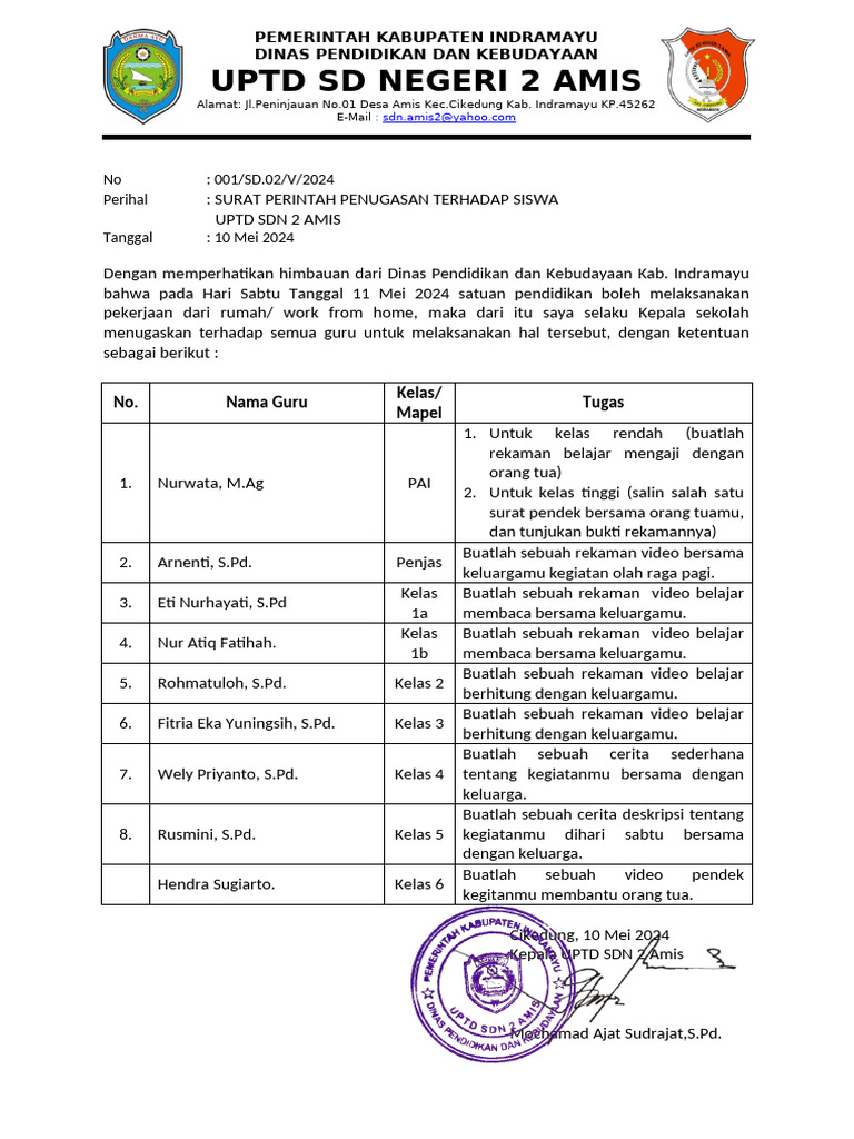 Surat Penugasan WFH UPTD SDN 2 AMIS | PDF
