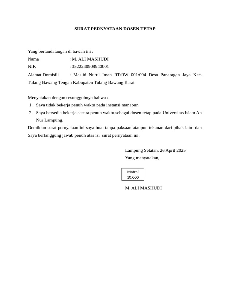 Surat Pernyataan Dosen Tetap | PDF