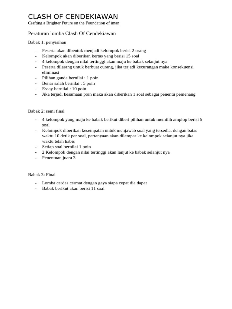 Aturan Lomba Clash of Cendekiawan | PDF