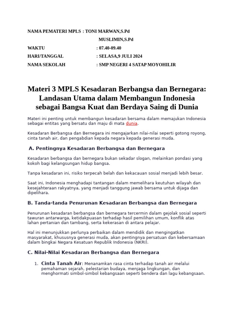 Materi 3 MPLS Kesadaran Berbangsa Dan Bernegara | PDF