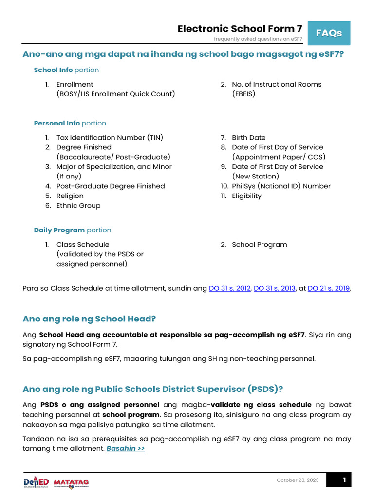 eSF7 FAQs Based On The Orientation As of 23october2023 | PDF