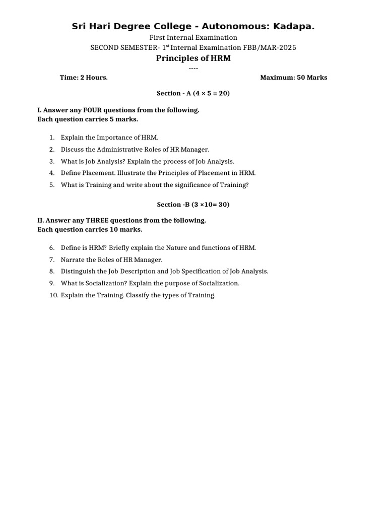 I BCA II SEM-Principles of HRM QP | PDF