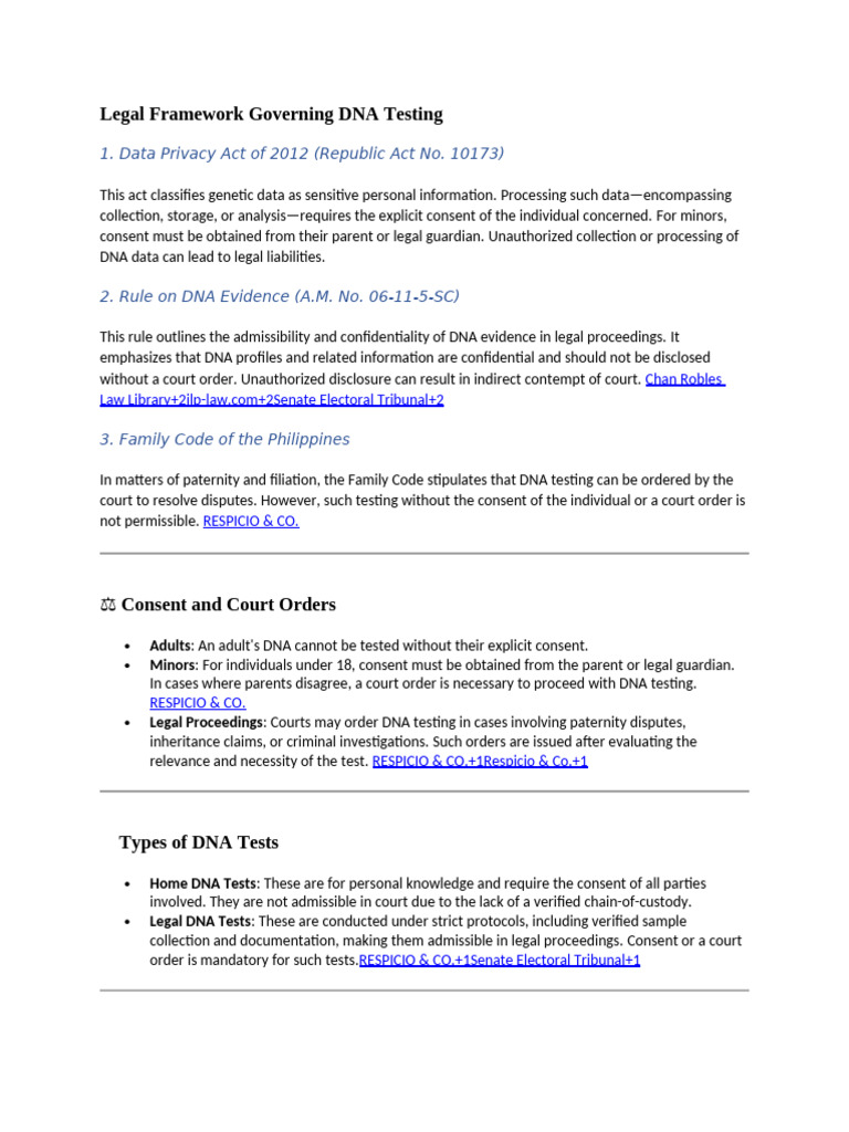 Legal Framework of DNA Testing | PDF | Dna Profiling | Consent