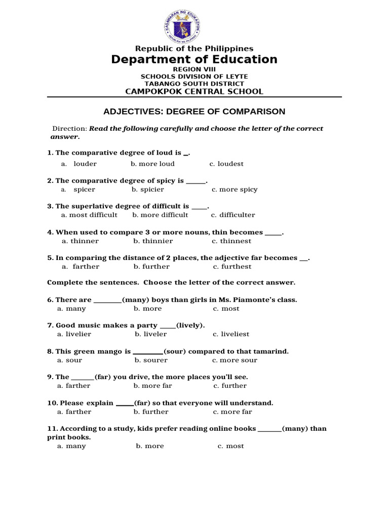 QUIZ_AdJECTIVES Degree of Comparison | PDF | Semantic Units | Morphology