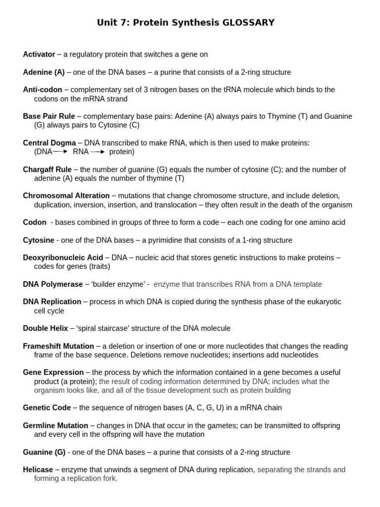 Protein Synthesis Glossary Terms | PDF | Dna | Rna