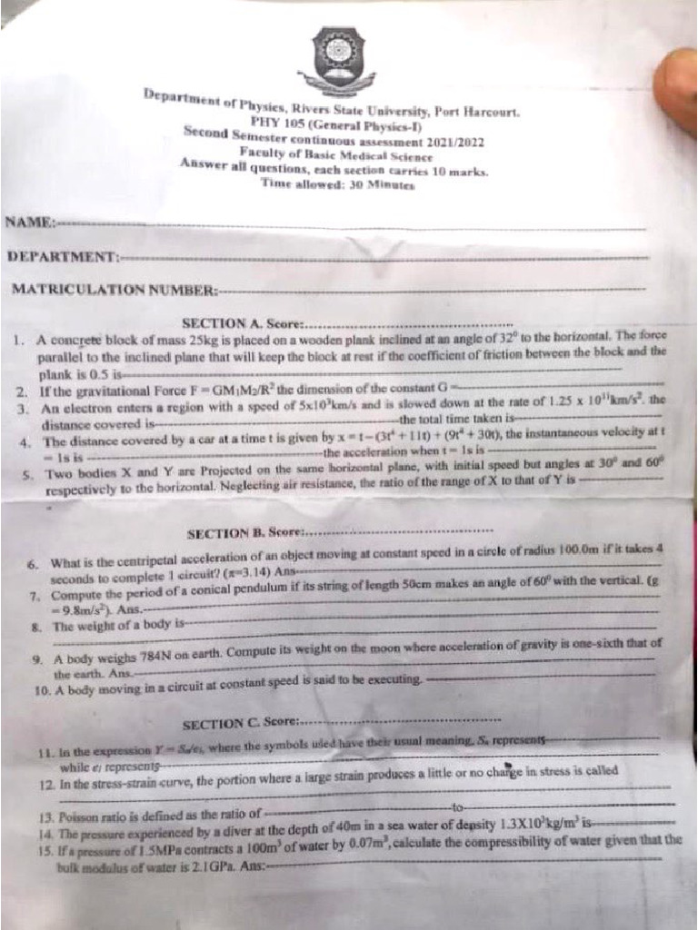 PHY 101 Past Questions | PDF