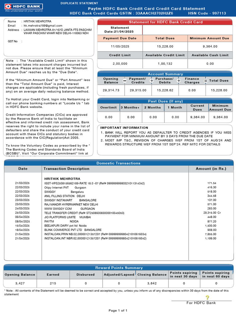HRITHIK HDFC CC STATEMENT OF APRIL 2024 | PDF | Banks | Credit Card