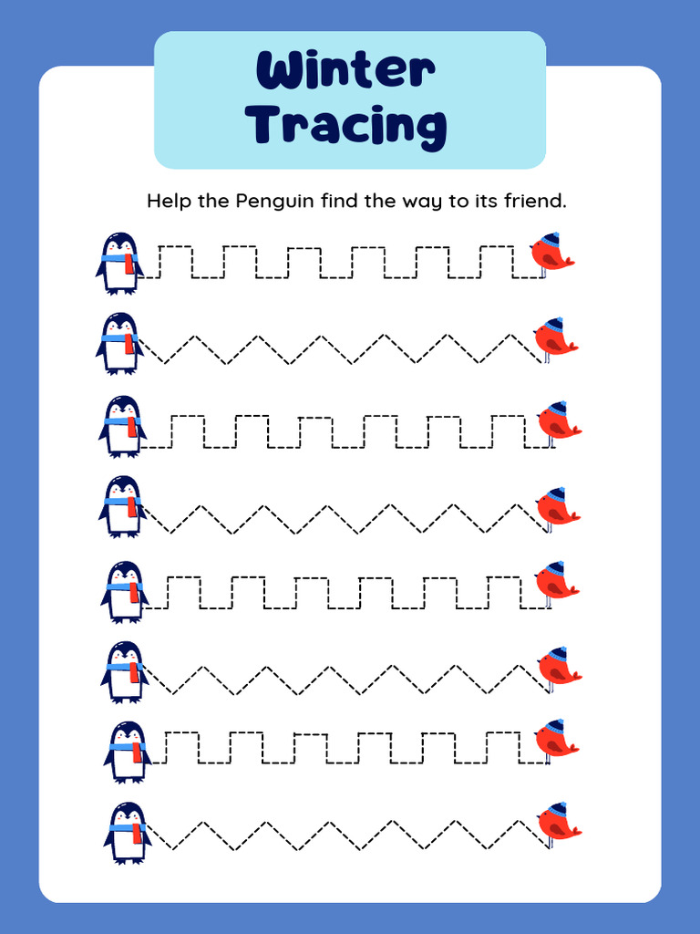 Blue Cute Winter Tracing Kindergarten Worksheet | PDF