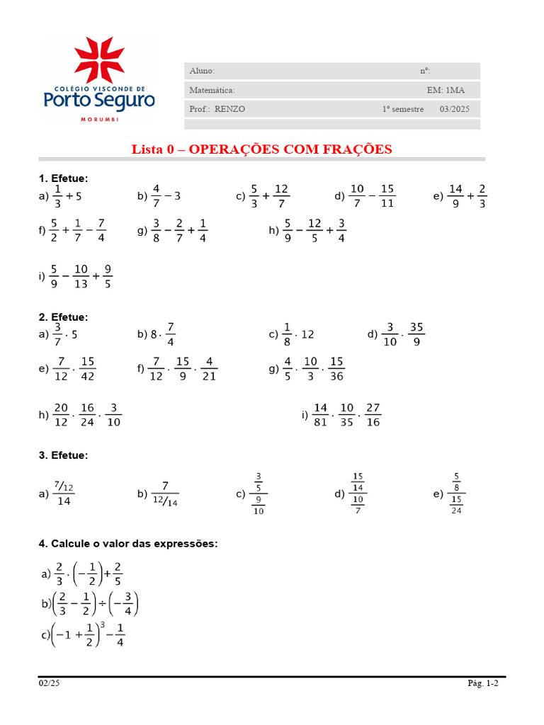 Lista 0 - Operações com frações | PDF