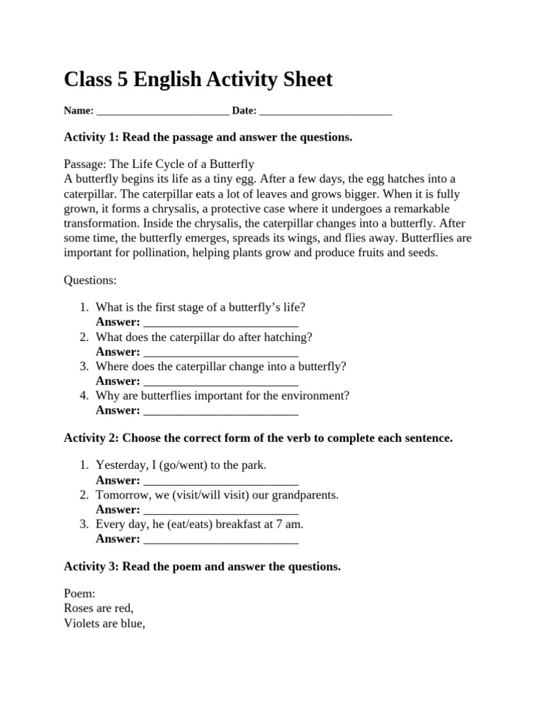 Activity - Sheet 1 - Class5 - English | PDF
