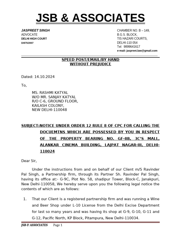 Legal Notice - Order 12 Rule 8 - Ravinder Pal vs. Rashmi Katyal | PDF | Justice | Crime & Violence
