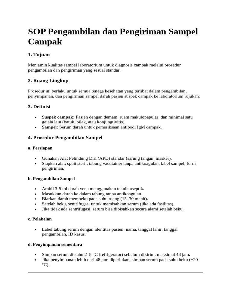 SOP Pengambilan Dan Pengiriman Sampel Campak 1 | PDF