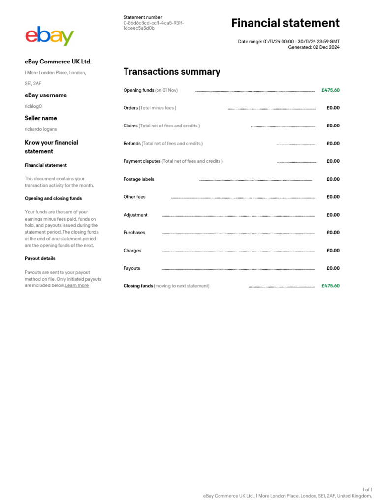 eBay Monthly Financial Statement Summary | PDF | E Bay | Fee