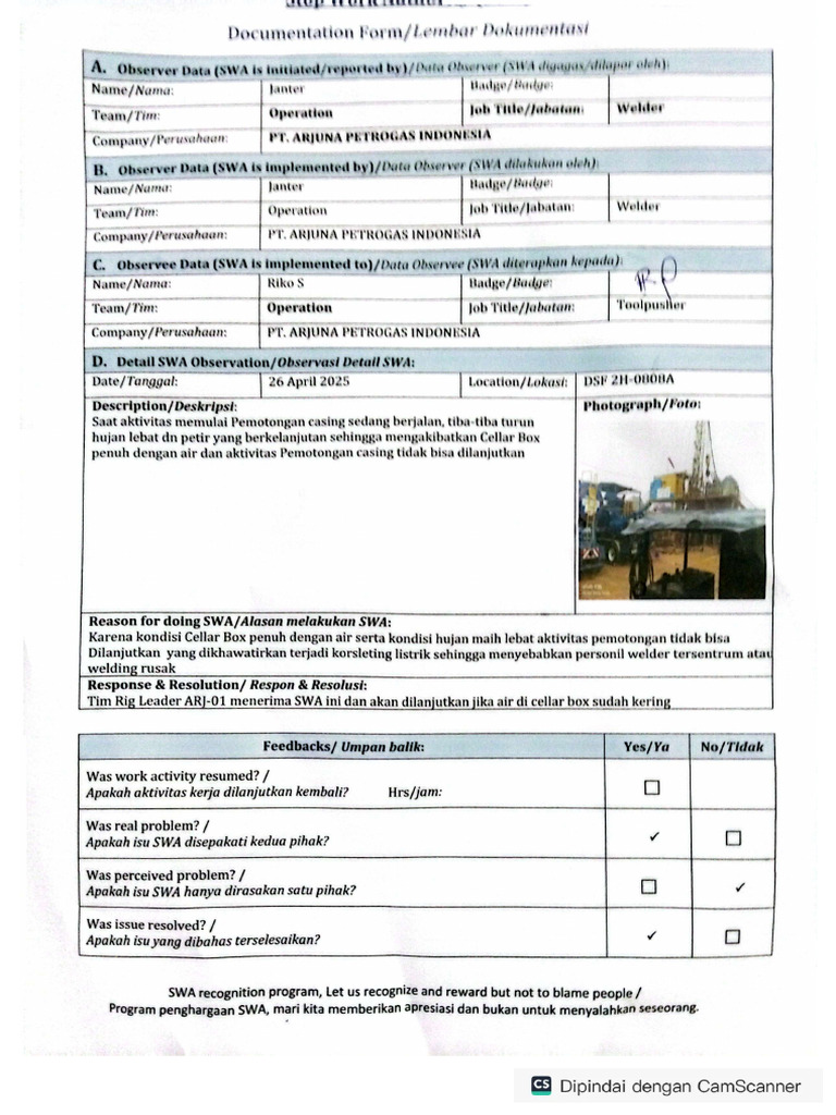 Form SWA Proses Pemotongan Cut Excess Casing Hujan Lebat (26 April 2025) Di Rig ARJ-01 | PDF