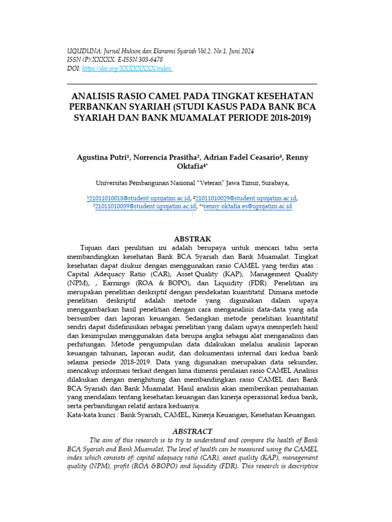 Analisis Rasio Camel Pada Tingkat Kesehatan Perbankan Syariah (Studi Kasus Pada Bank Bca Syariah ...