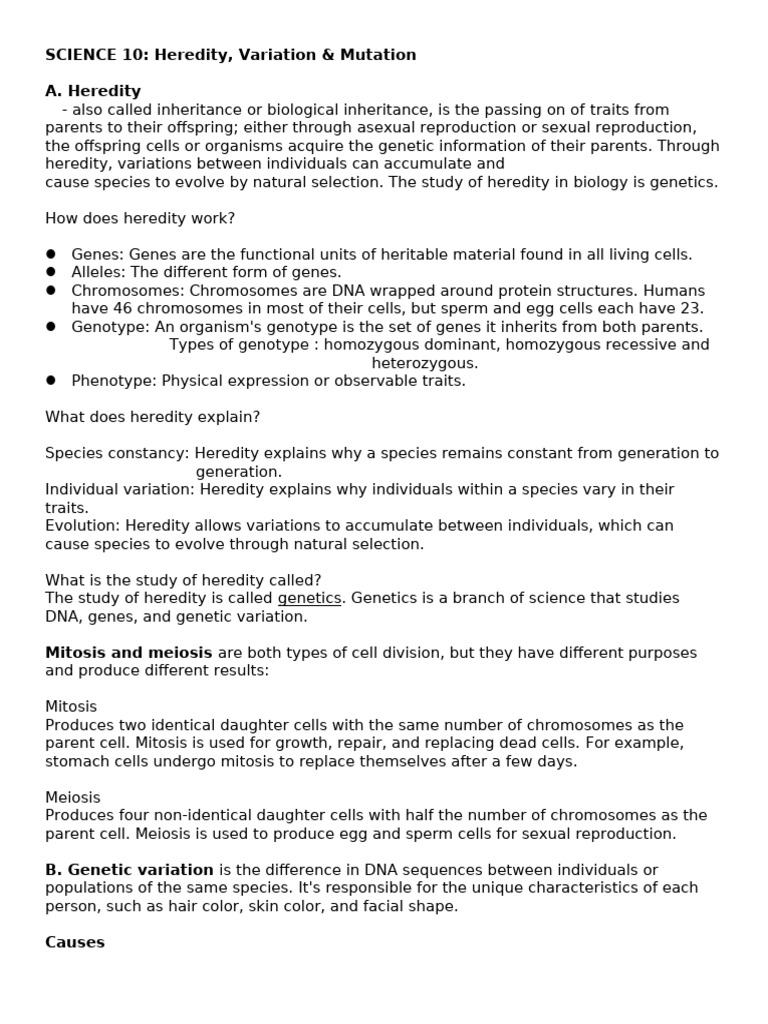 SCIENCE 10 Heredity, Variation & Mutation | PDF | Heredity | Mutation