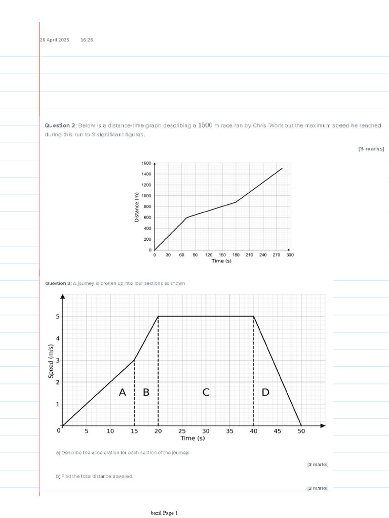 Homework of 26 April Speed Distance Time Graph | PDF