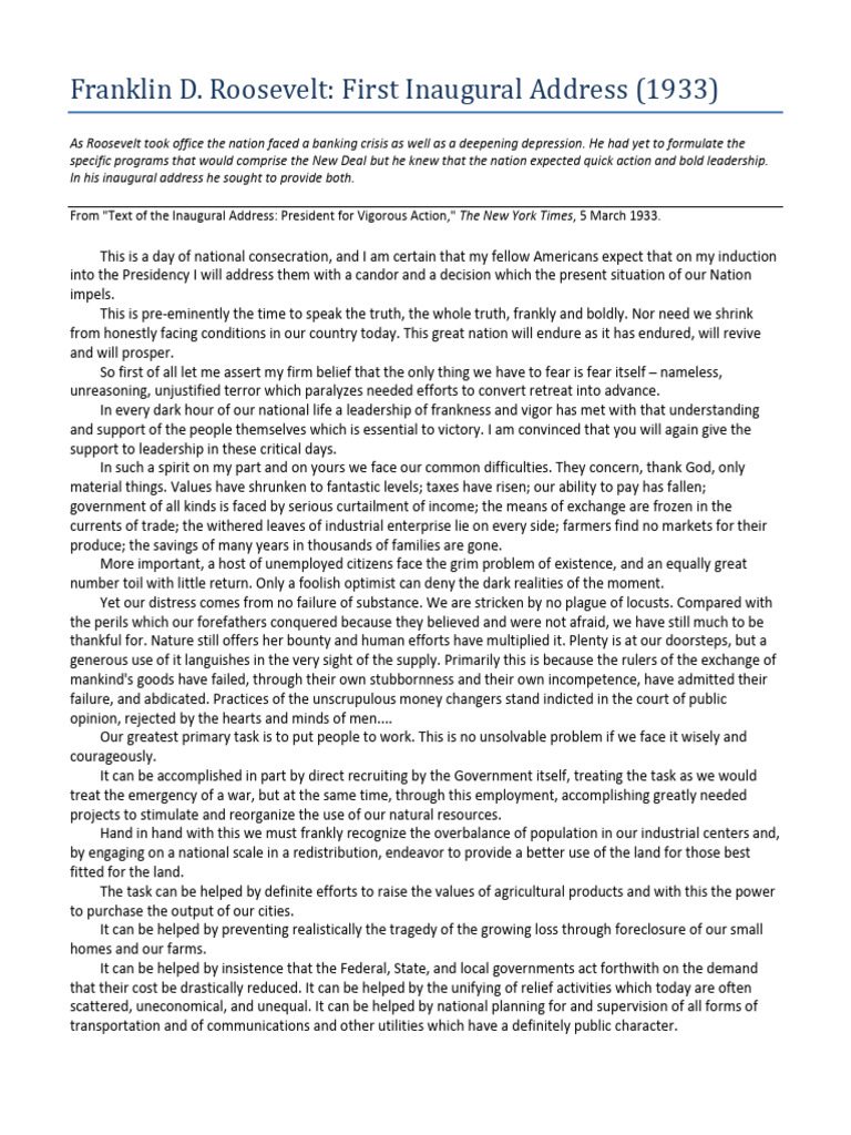 Franklin D. Roosevelt: First Inaugural Address (1933) | PDF