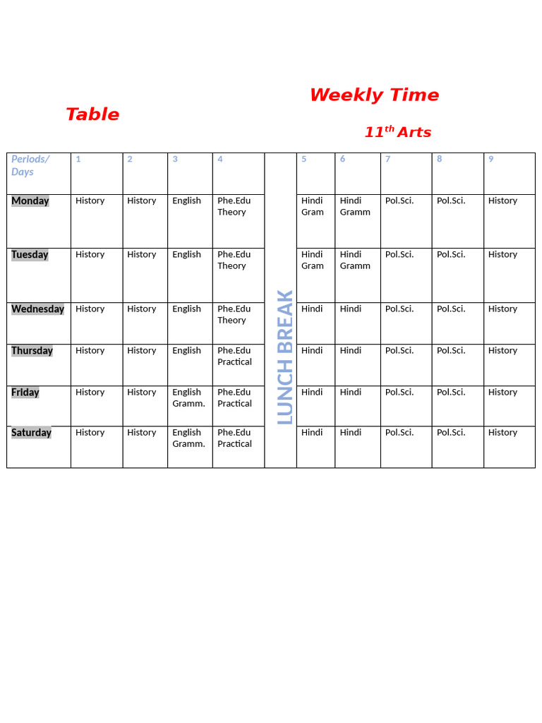 11th Arts Weekly Time Table | PDF