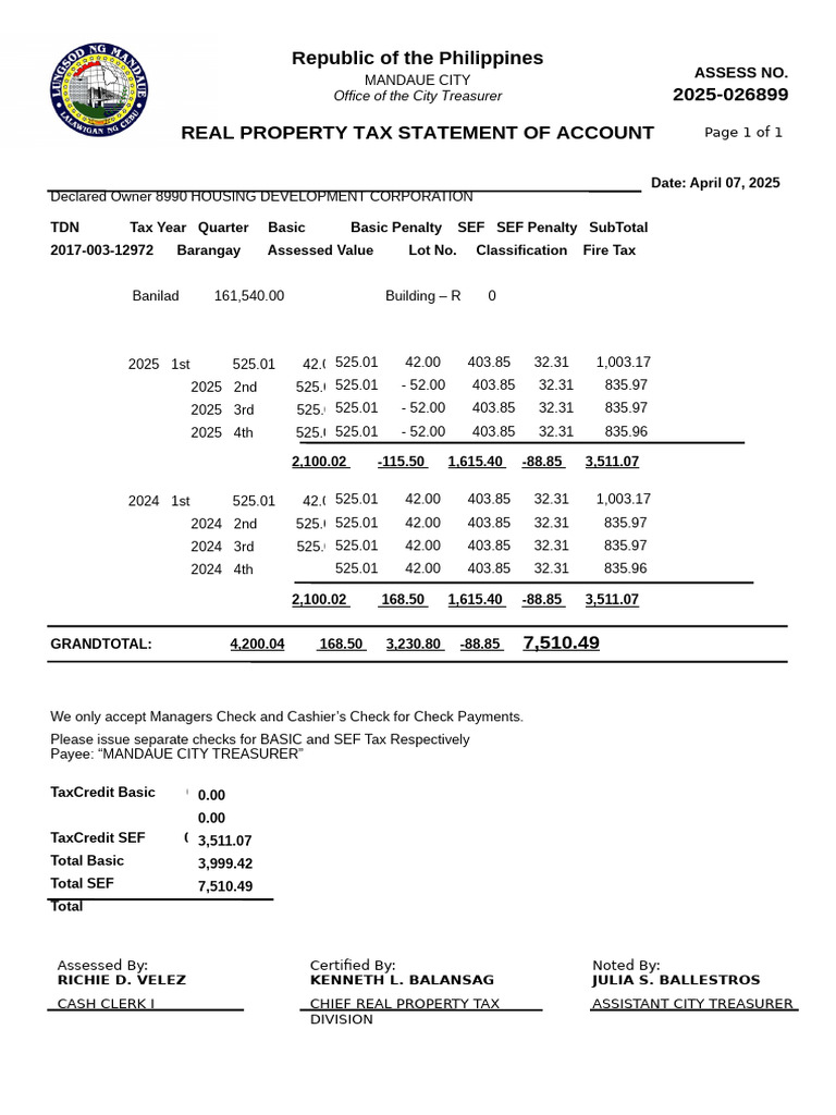 Mandaue City Real Property Tax Statement | PDF | Payments | Money