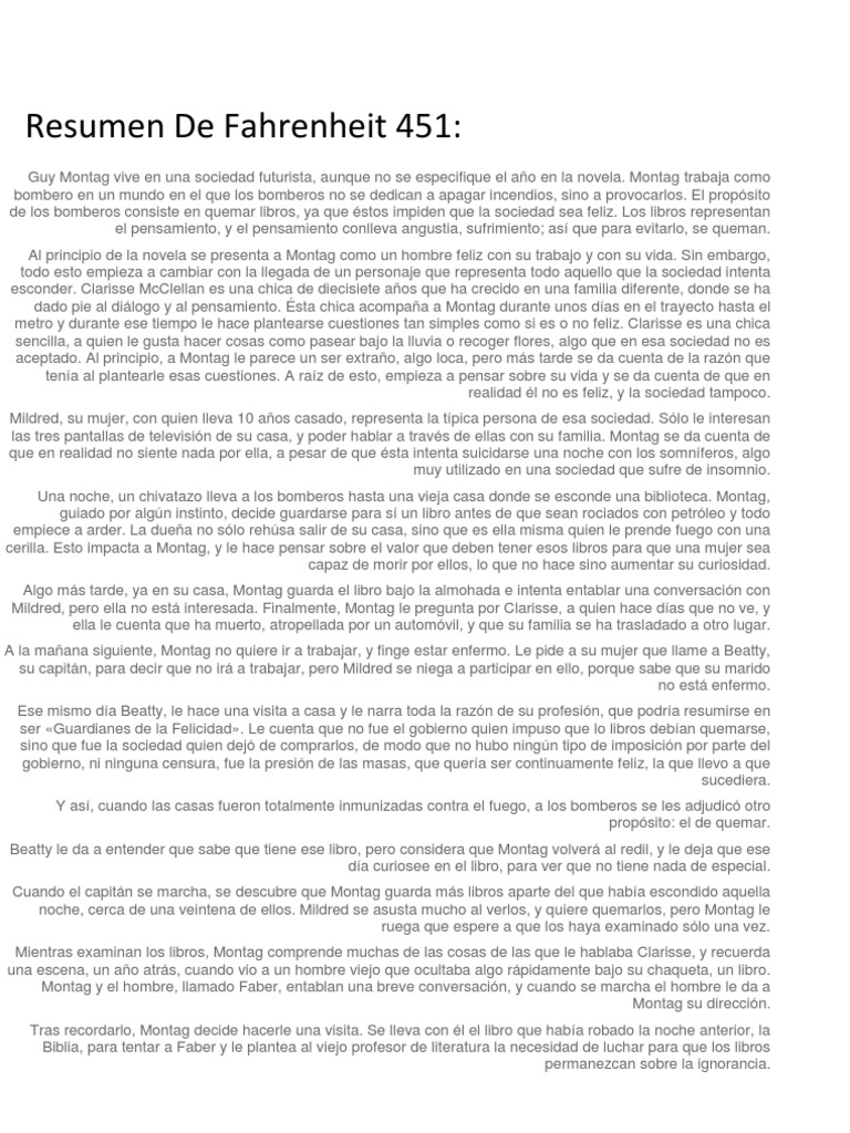 Resumen de Fahrenheit 451: Rebelión y Libros | PDF | Historia | Ficción ...