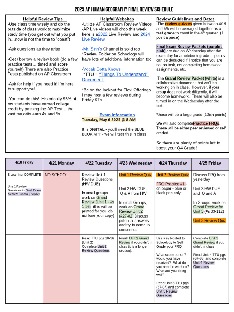 2025 AP Human Geography Review Schedule | PDF