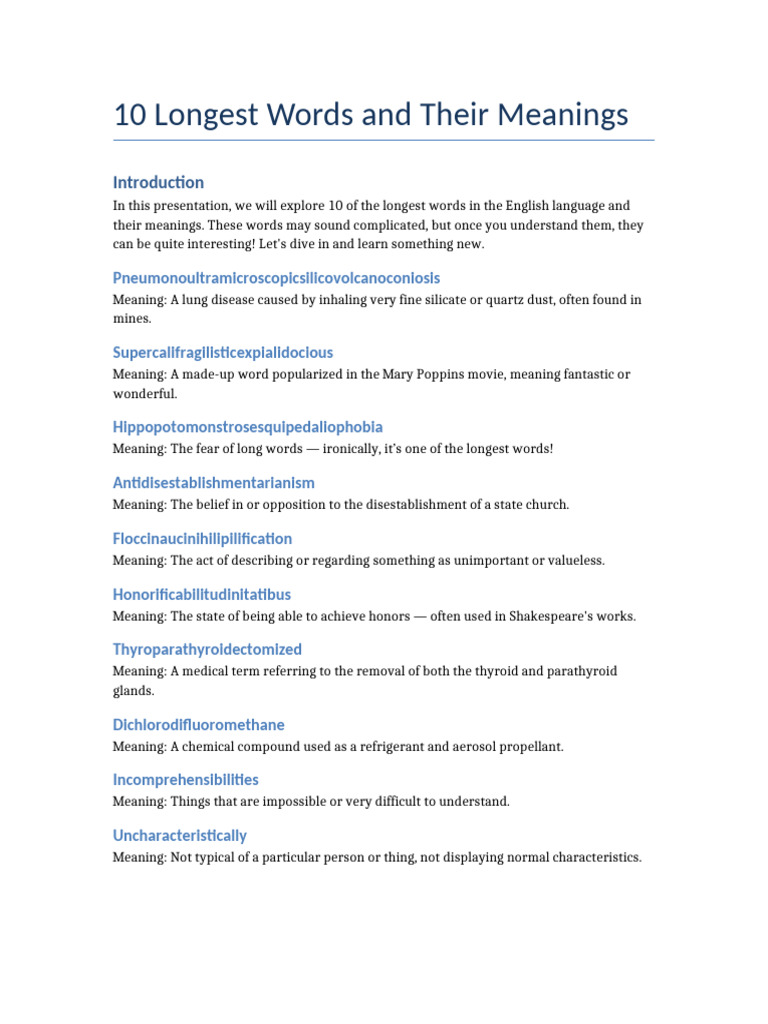 10 Longest Words Presentation | PDF