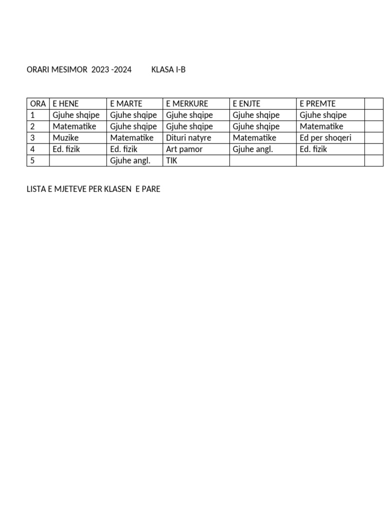 Orari I Klases 1-B | PDF