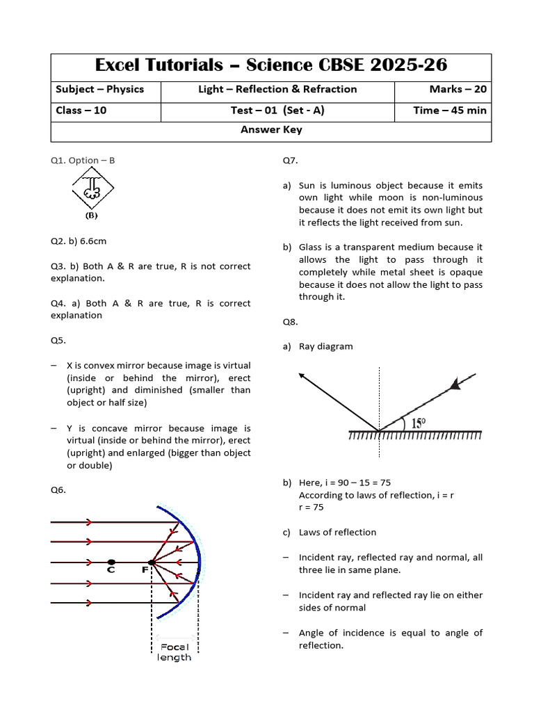 Light - Reflection Test Answer Key | PDF | Mirror | Reflection (Physics)