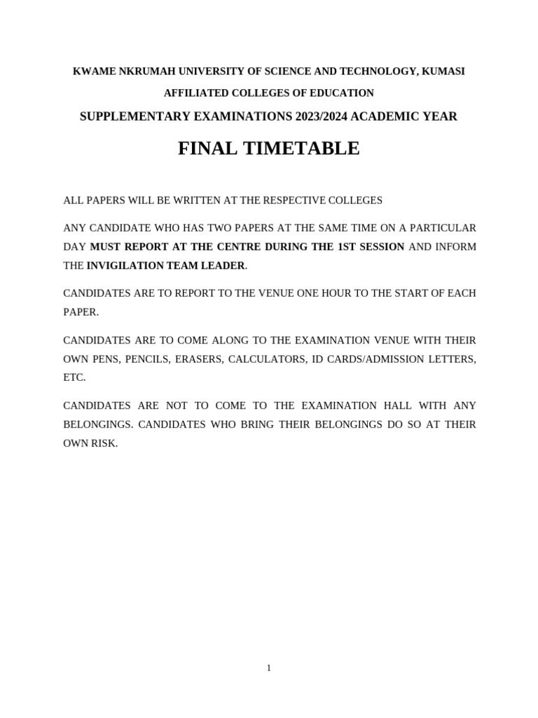Final Timetable For 2023.2024 Supplementary Examination | PDF | Middle ...
