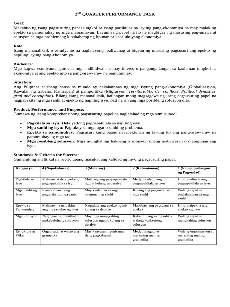 2ND Quarter Performance Task | PDF