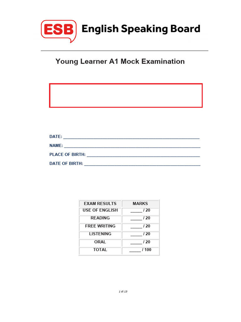 XppBm3JB ESB SAMPLE PAPER YLA1 | PDF | Vocabulary | Fluency