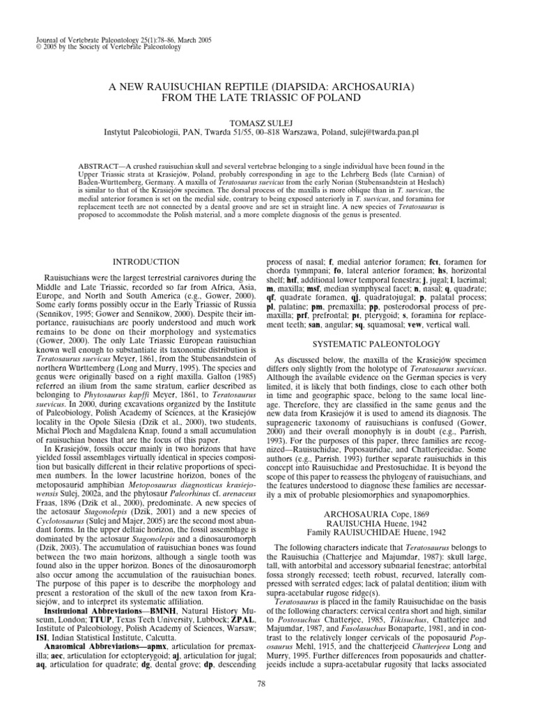 A New Rauisuchian Reptile (Diapsida Archosauria) From The Late Triassic ...