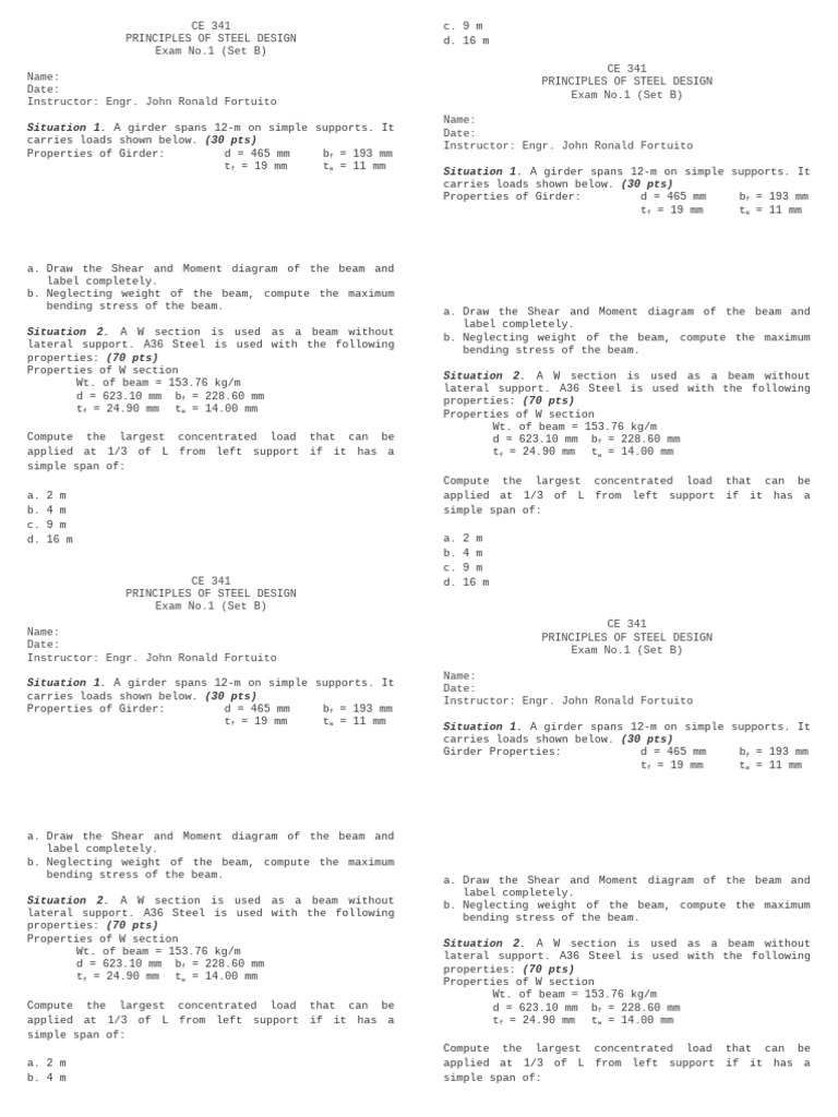 Steel Design Exam No. 1 SET B TTH | PDF | Bending | Beam (Structure)