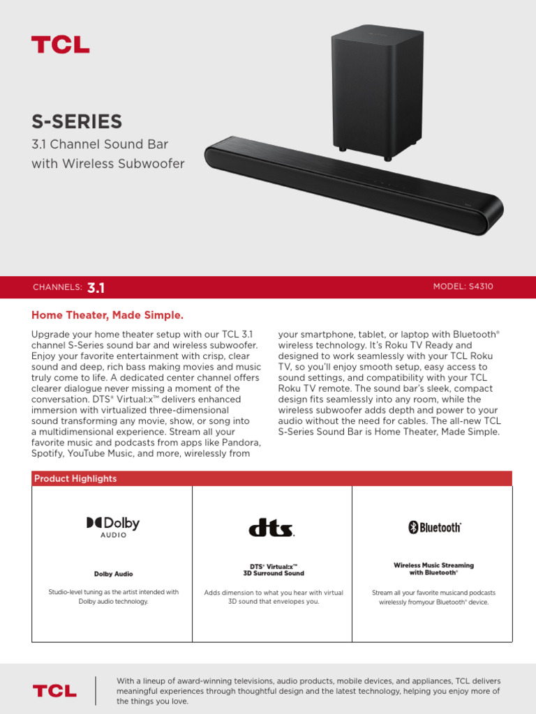 S4310 Soundbar 2023 SpecSheet | PDF | Roku | Sound Technology