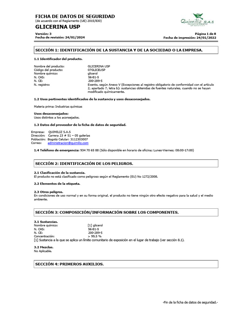 FDS Glicerina Usp | PDF | Agua | Química