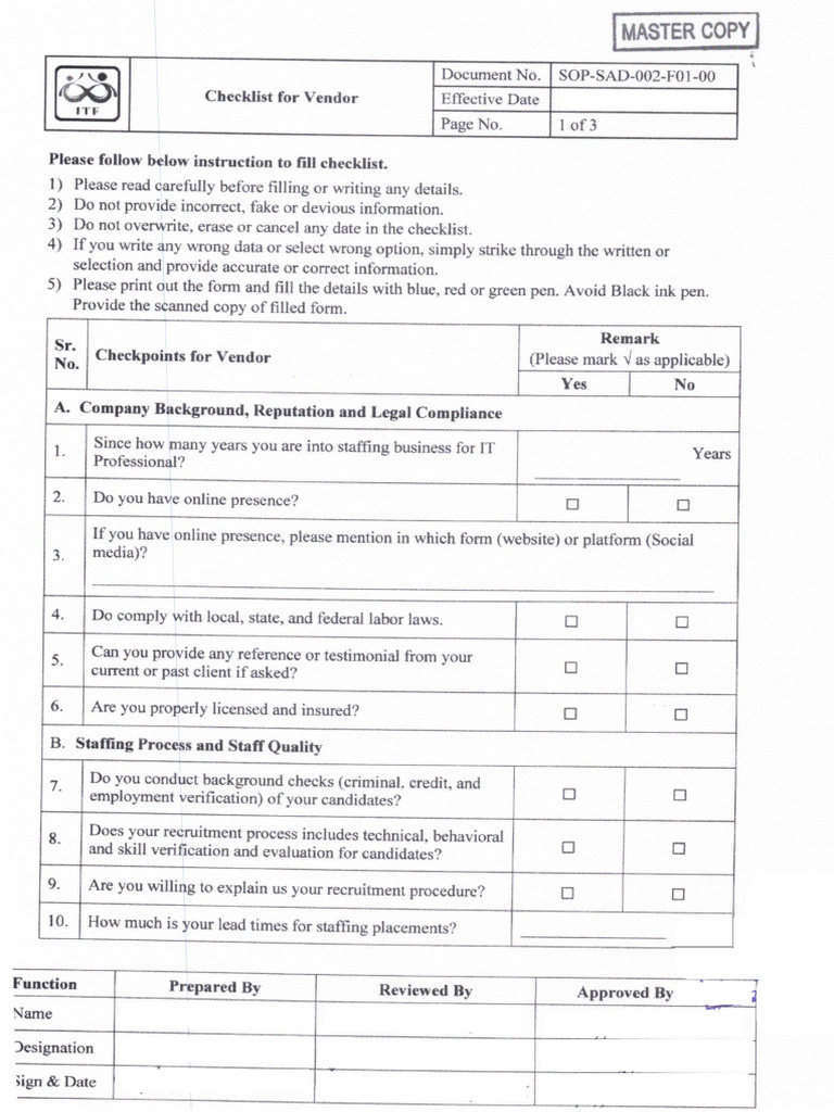 Issued Copy of Vendor Checklist | PDF